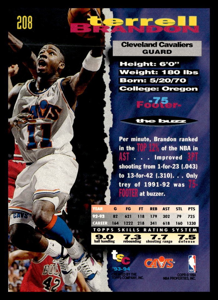 1993-94 Stadium Club #208 Terrell Brandon Cleveland Cavaliers ...