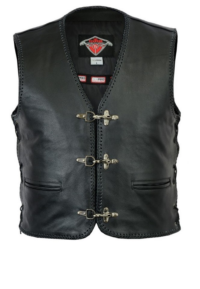 Leather Waistcoat Motorbike Fish Hook Clip Braided Biker Mens ...