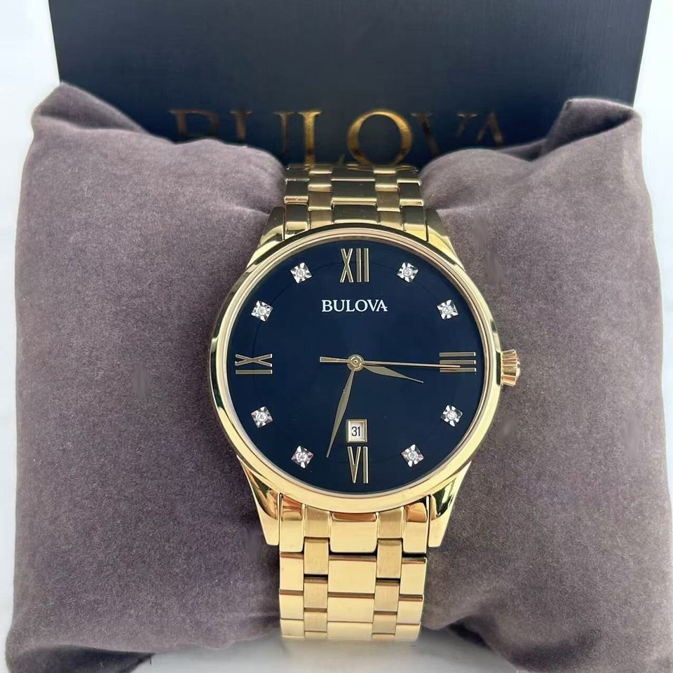 Bulova 97D108 Diamond Black Dial Gold Bracelet Classic Men's Quartz ...