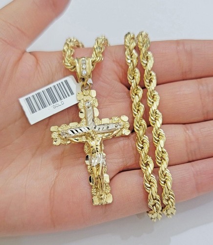 Real 10k Gold Rope Chain Jesus Cross Charm Pendant Set 18-28" inch 5mm ...