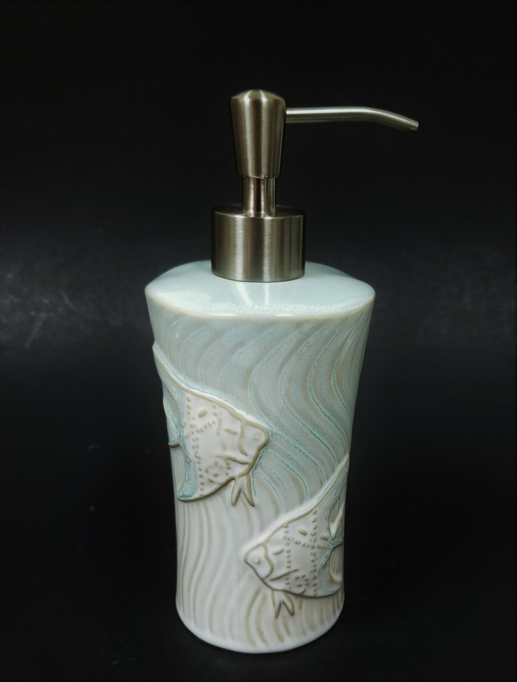 NEW LIGHT BLUE TEAL CERAMIC 3D FISH SOAP DISPENSER,BRUSHED NICKEL ...