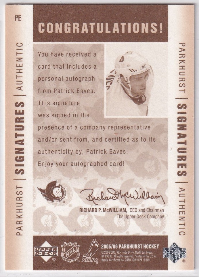 2005-06 Parkhurst Signatures #PE Patrick Eaves AUTO - Ottawa Senators ...