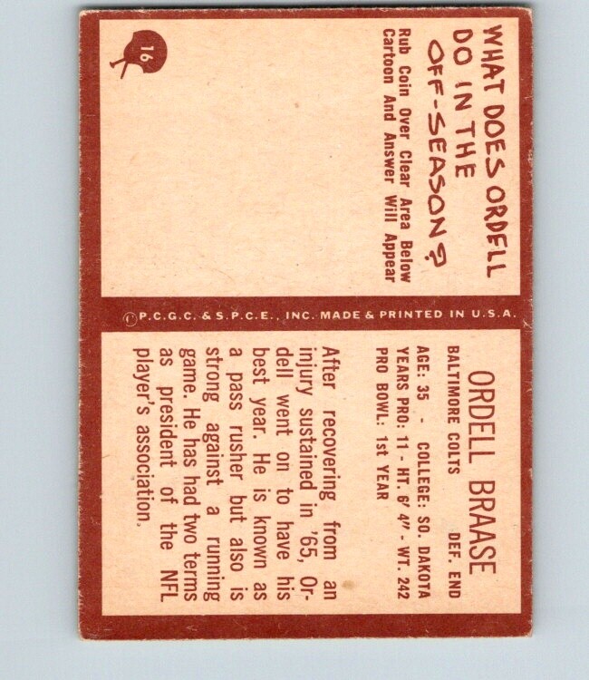 . 1967 PHILADELPHIA FOOTBALL #16 ORDELL BRAASE MID GRADE HR | eBay