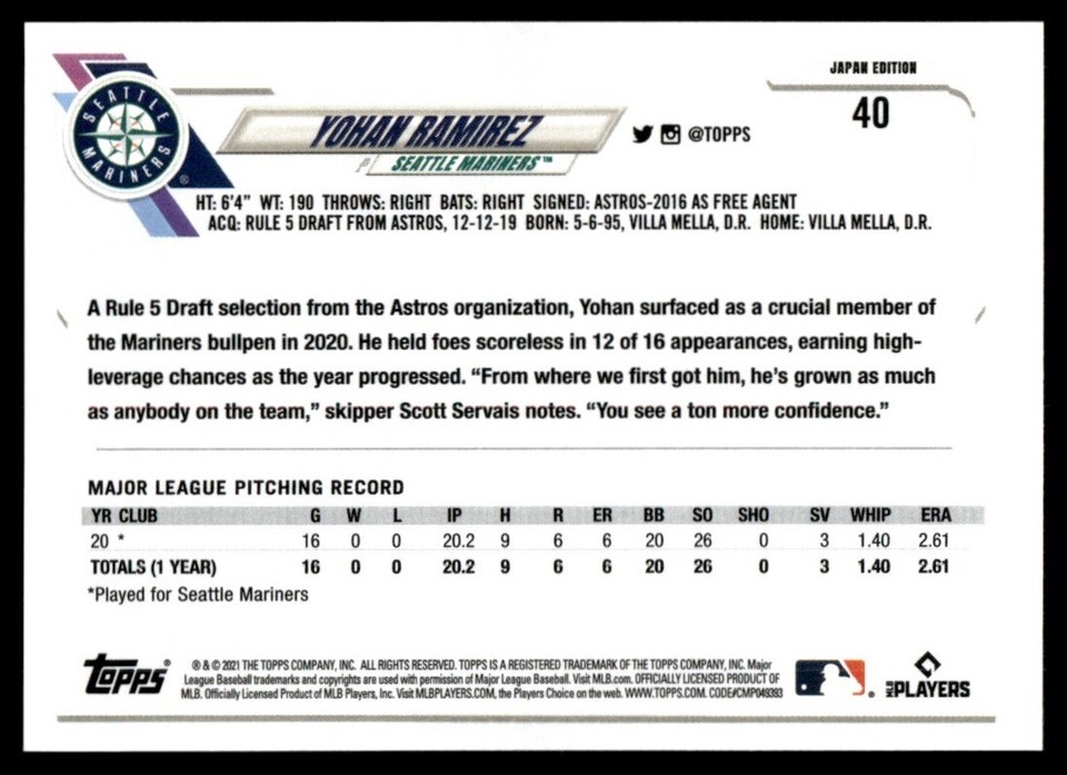 2021 Topps Japan Edition #40 Yohan Ramirez Rookie Seattle Mariners | eBay
