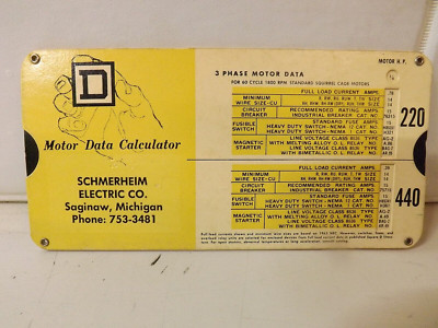 Vintage 1965 Square D Company Motor Data Calculator Slide Rule Chart | eBay