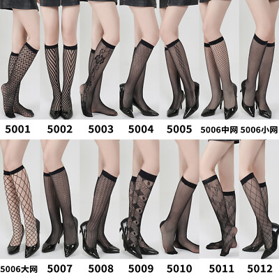 Womens Stretchy Cutout Fun Lace Fishnet Long Socks Sequins Decor Short ...