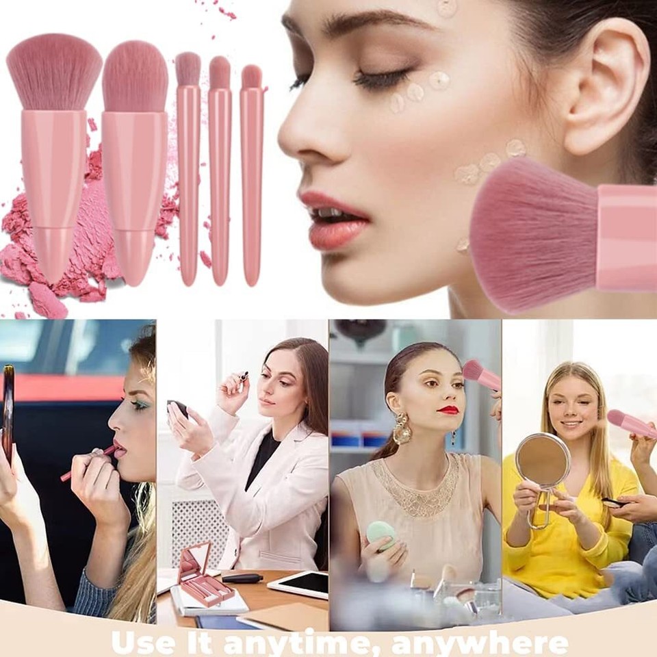 5Pcs Portable Makeup Brushes Kit with Mirror Box Mini Cosmetic Travel ...