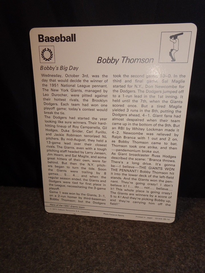 Bobby Thomson 1977 MLB Baseball Sportscaster Card focus on sports Cubs ...