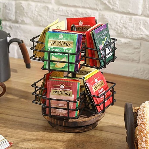 Matte Black Metal Wire Baskets & Burnt Wood Rotating Tea Bag Organizer ...