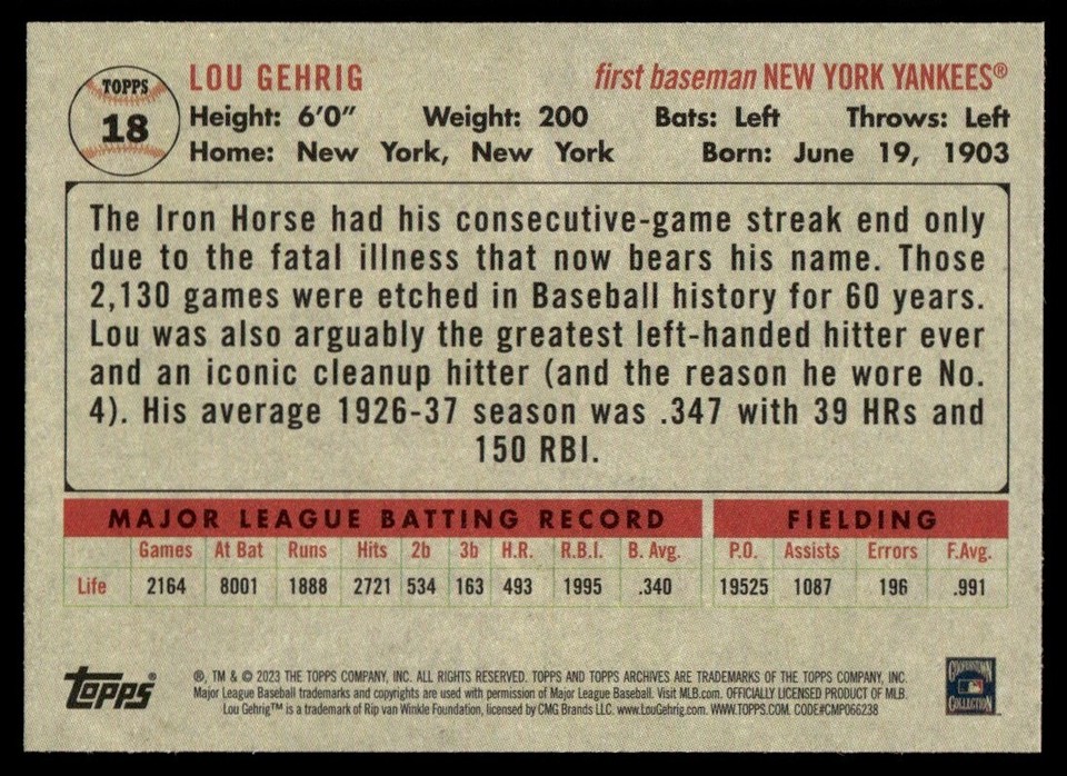 Lou Gehrig 2023 Topps Archives Card 1956 #18 New York Yankees | eBay