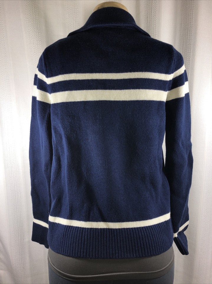 Lands End Women's Button Front Sweater Navy/Cream Open Collar Long ...