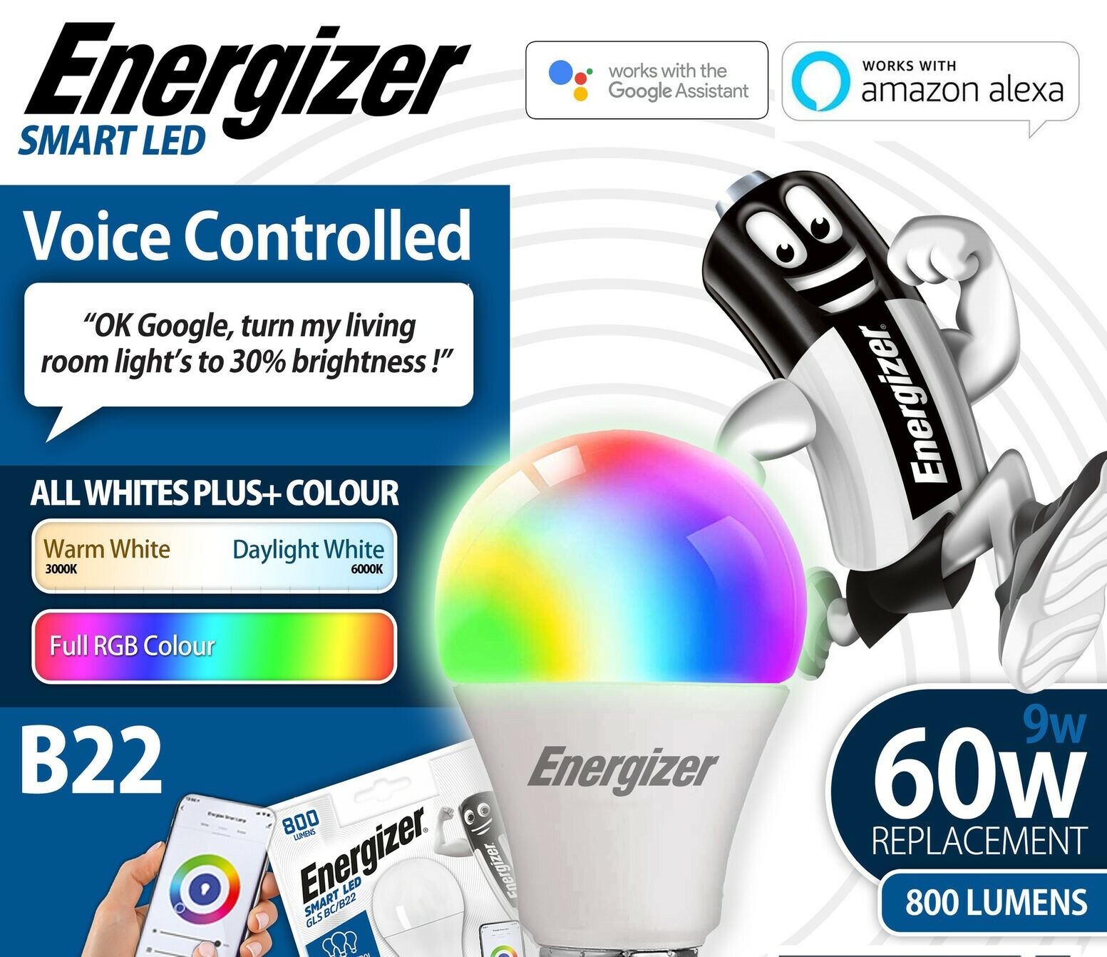 ENERGIZER Smart LED Light Bulb B22 BC Bayonet GLS WiFi App Control ...