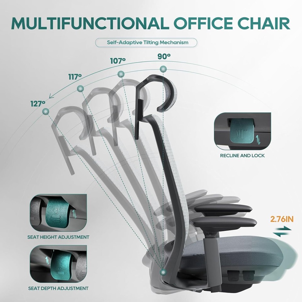 Ergonomic Office Chair with Adjustable Headrest and 4D Arms,Slide Seat ...