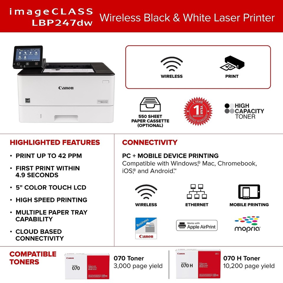 Canon imageCLASS LBP LBP247DW Desktop Wireless Laser Printer Monochrome ...