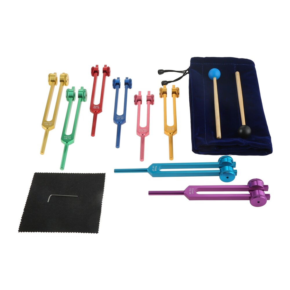 Chakra Tuning Fork Set-Colorful Weighted Tuning Forks w Silicone Hammer ...