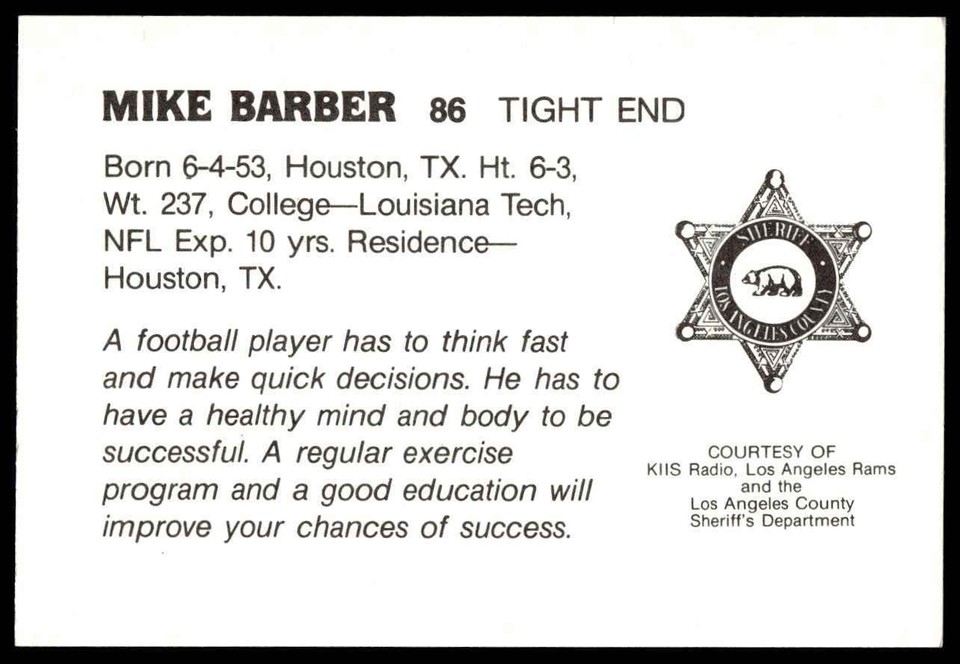 1985 Los Angeles Rams Police Mike Barber Los Angeles Rams #NNO | eBay