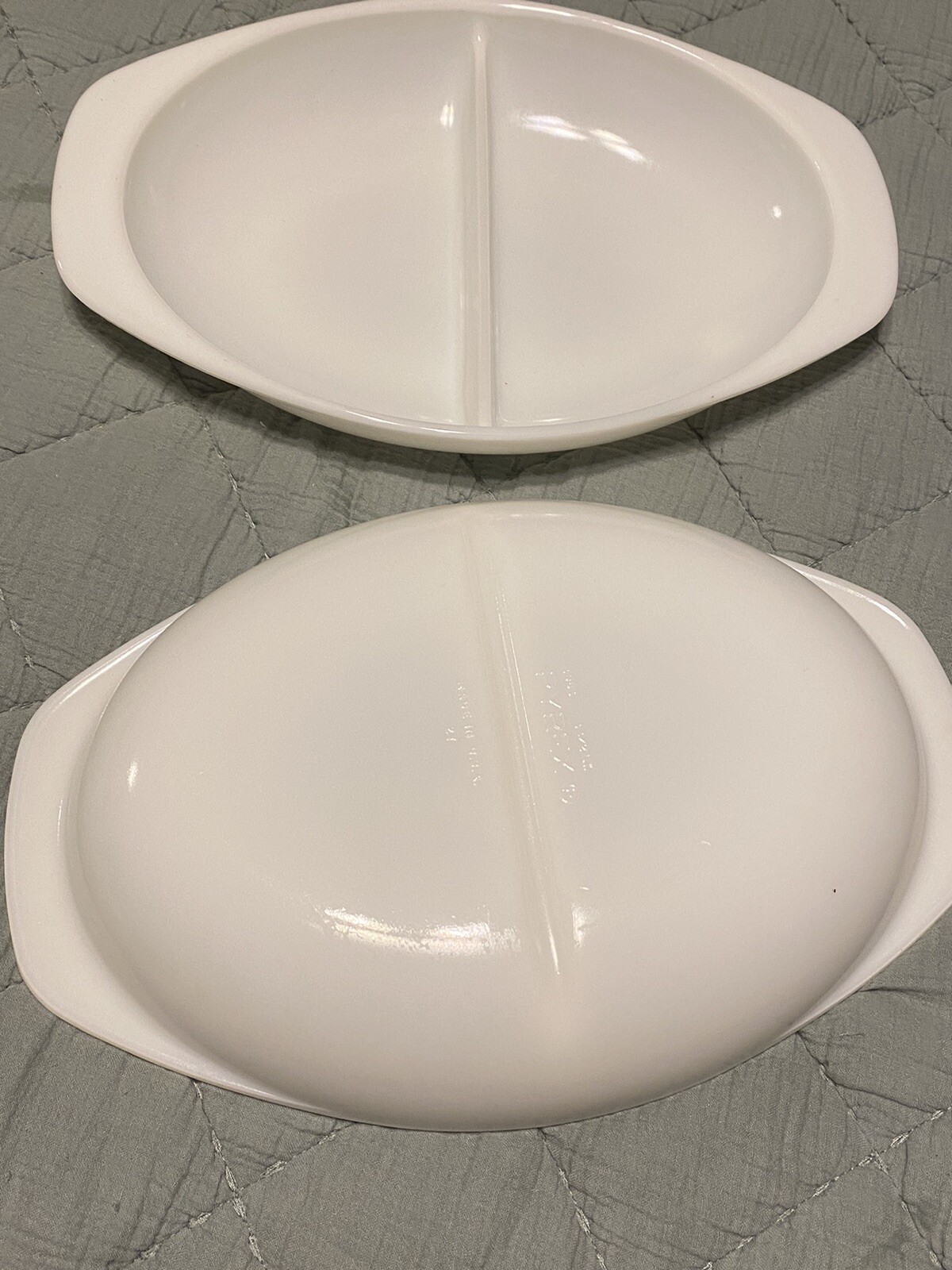 Pair Of Vintage Pyrex Oval Divided 1.5 quart White Milk Baking Serving ...