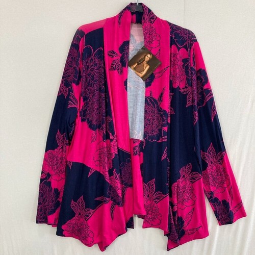 New IMAN Jacket size XL Navy Pink Floral Relaxed Open Front Stretch ...