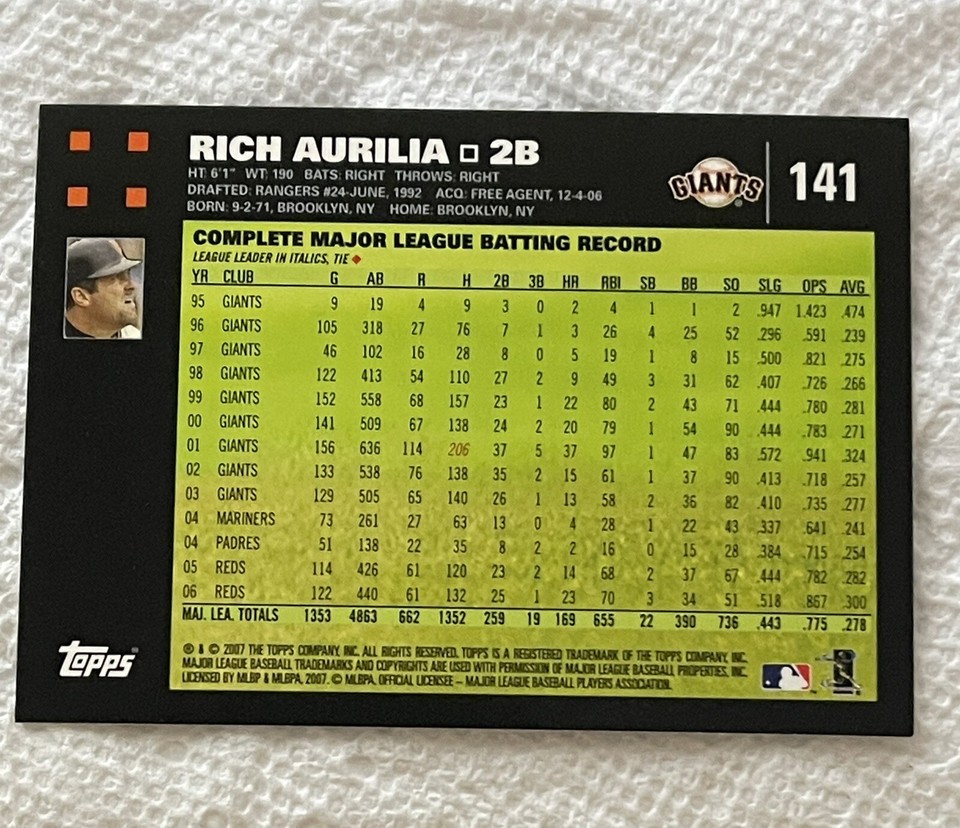 TOPPS 2007 MLB RICH AURILIA #141 2B SAN FRANCISCO GIANTS BASEBALL CARD ...