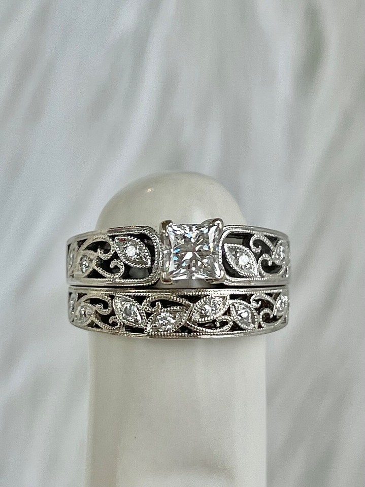 Exquisite Simon G Bridal Rings Set 18KT White Gold - Floral Milgrain ...