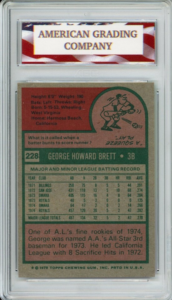 1975 Topps #228 George Brett Rookie Card AGC 9 Mint Kansas City Royals ...