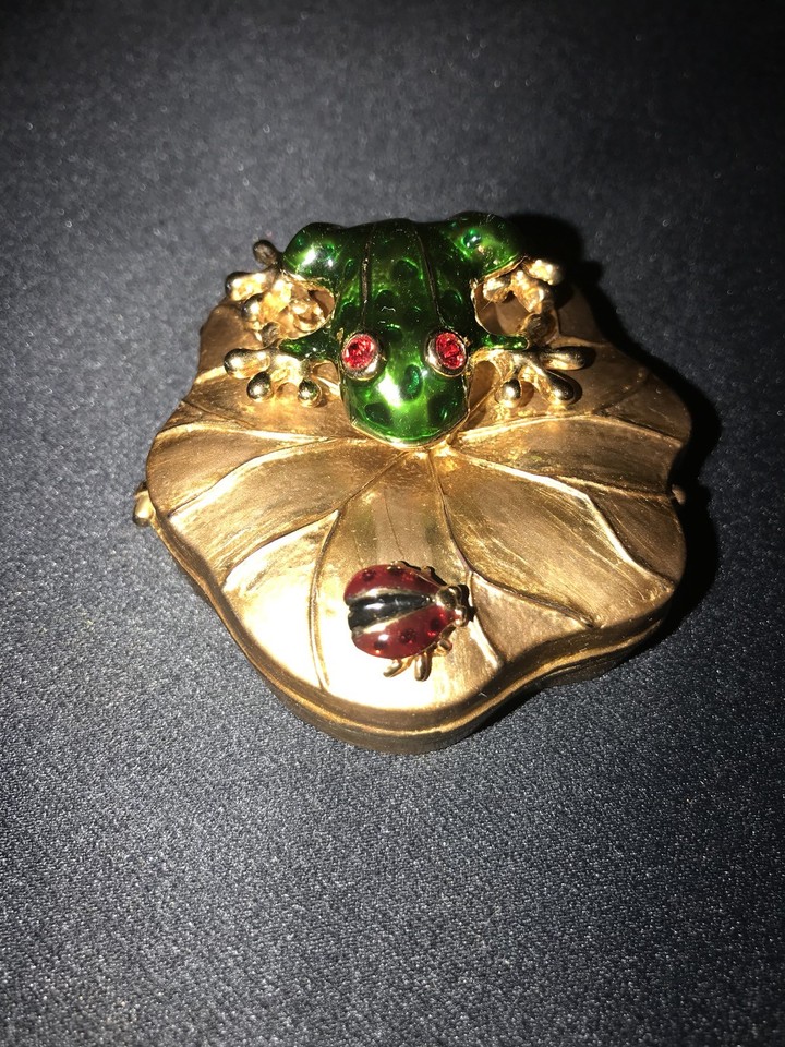 Jeweled Enamel Hinged Trinket Box Frog with Lady Bug on Gold Lily Pad ...