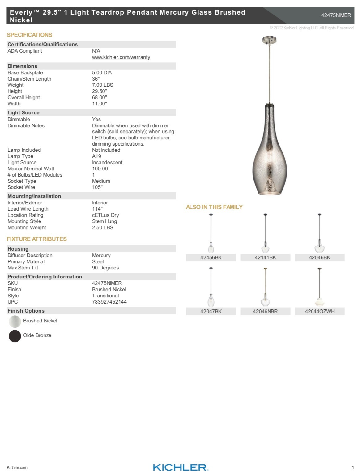 BRAND NEW - OPEN BOX Kichler Everly Pendant in Brushed Nickel with ...