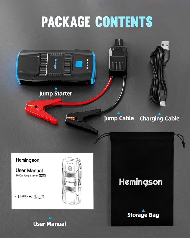 Compact 2000A Peak Car Jump Starter - Revive Gas & Diesel Engines ...