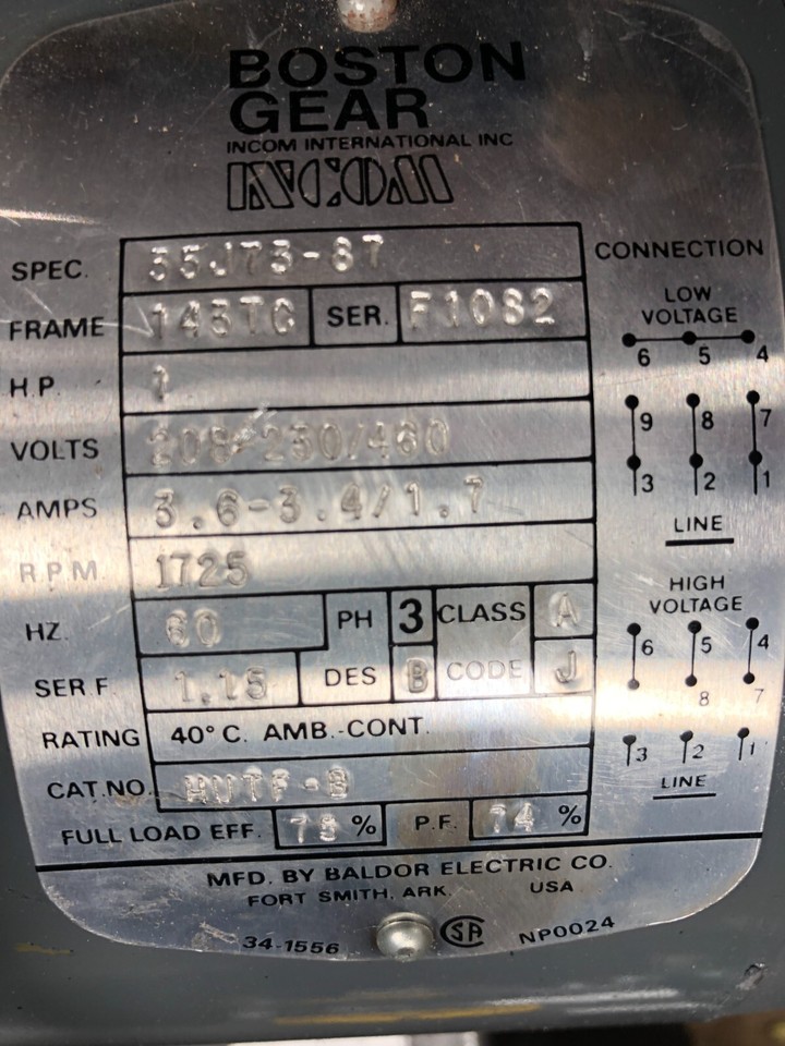 BOSTON GEAR HUTF-B 1HP 35J73-87 1725RPM 143TC 3PH 208-230/460V TEFC ...