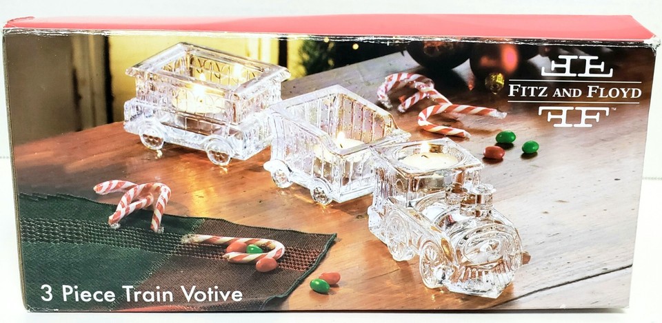 Fitz and Floyd 3 pc Crystal Glass Locomotive Train Votive or Candy Dish ...