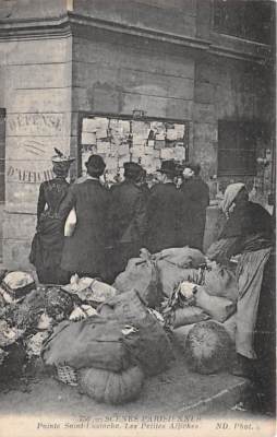PARIS, FRANCE, POINTE ST-EUSTACHE, PEOPLE LOOK AT NOTES ON BILLBOARD, c ...