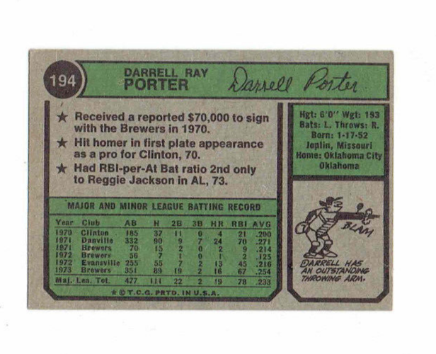 Darrell Porter Milwaukee Brewers Catcher #194 TCG 1974 #Baseball Card ...
