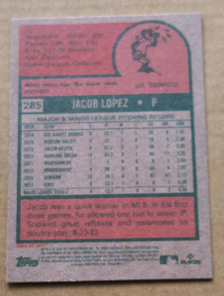 2024 Topps Heritage Baseball Jacob Lopez RC Rookie #285 Tampa Bay Rays ...