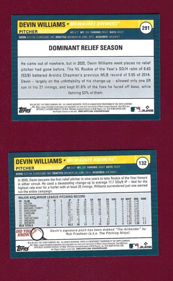 2021 Topps Big League #132 & 291 Devin Williams Milwaukee Brewers ...