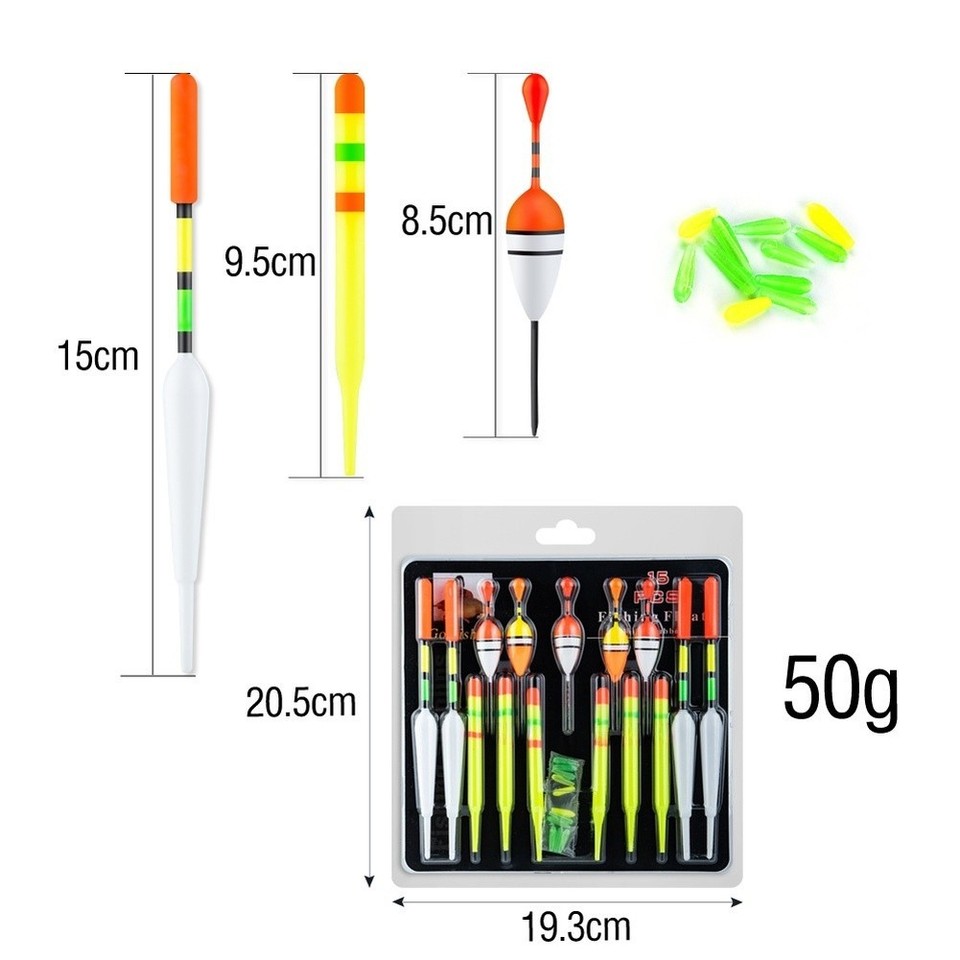15 Piece Fishing Float Bobbers Set Plastic with Foam for Different Fish ...