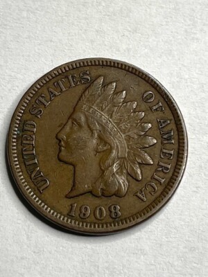 1908 Indian Head Cent Penny, 1c Bronze, (VF) Very Fine, Liberty ...