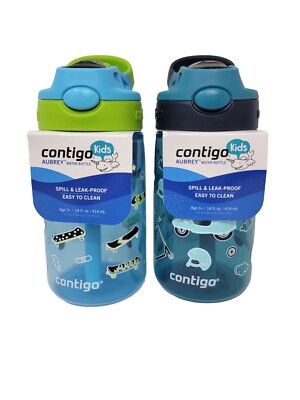 2x Contigo Kids Aubrey Water Bottle 14 Oz Blue BPA FREE Easy Clean Push ...
