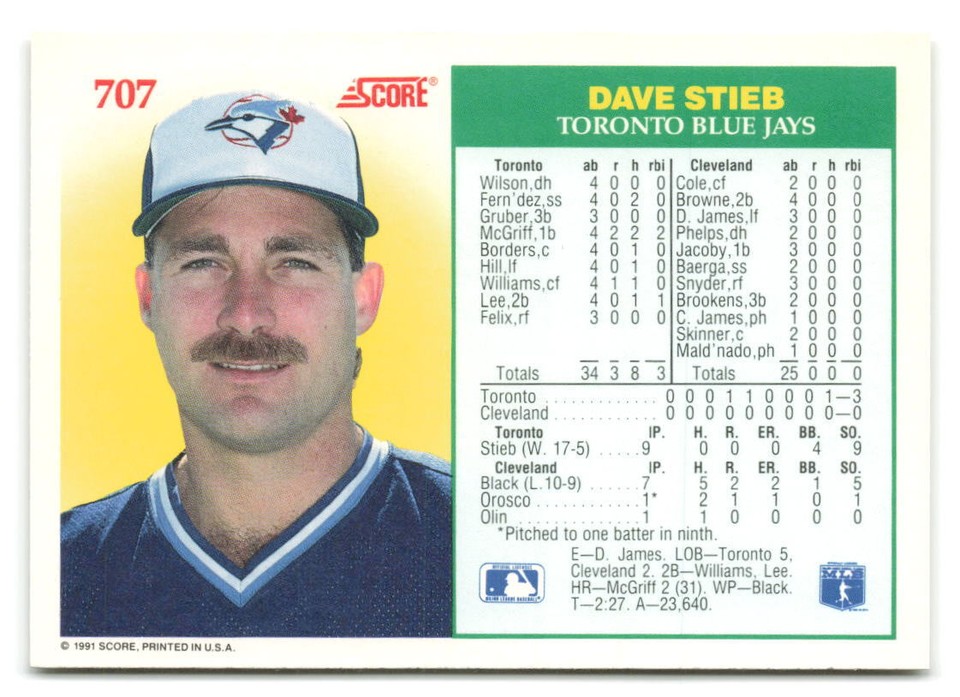 1991 Score Dave Stieb #707 Toronto Blue Jays BASEBALL Card | eBay