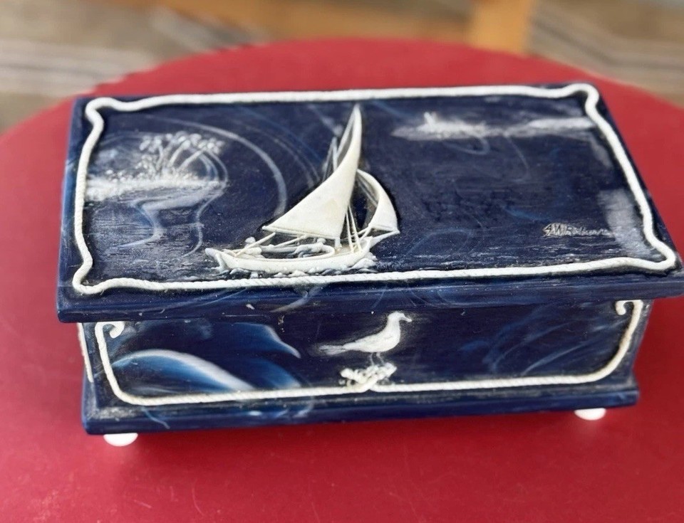 VTG Incolay Blue & White Stone Nautical Ship Lighthouse Jewelry Music ...