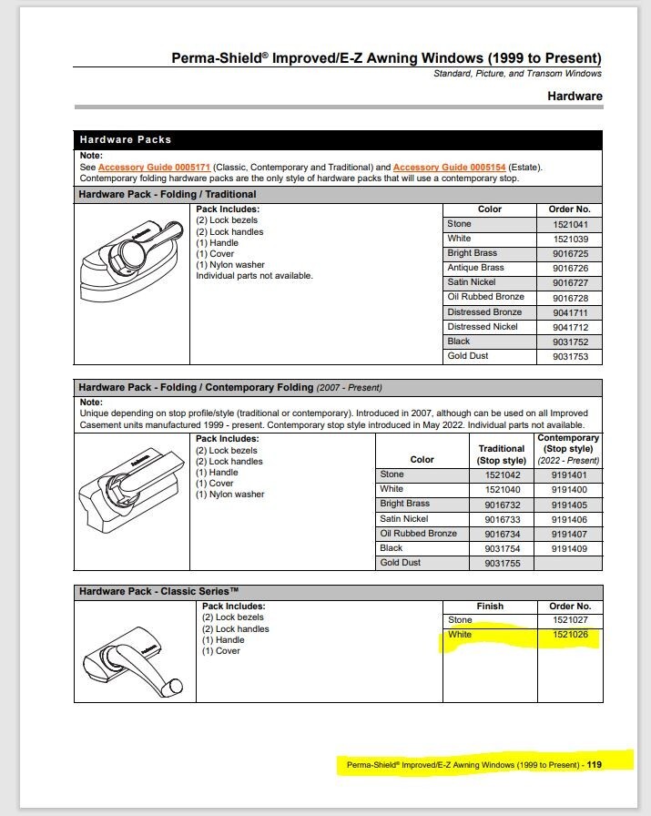 Andersen 1521026 Hardware Pack Perma-Shield ® Awning Windows 1999 ...