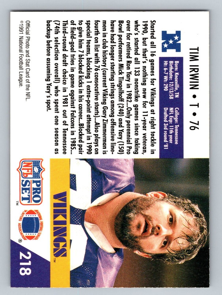 1991 Pro Set #218 Tim Irwin Minnesota Vikings | eBay