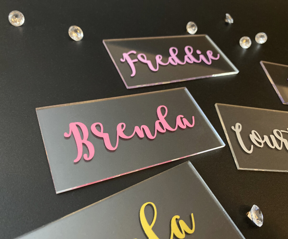 Personalised Acrylic PLACE NAMES, table name tags, wedding birthday ...