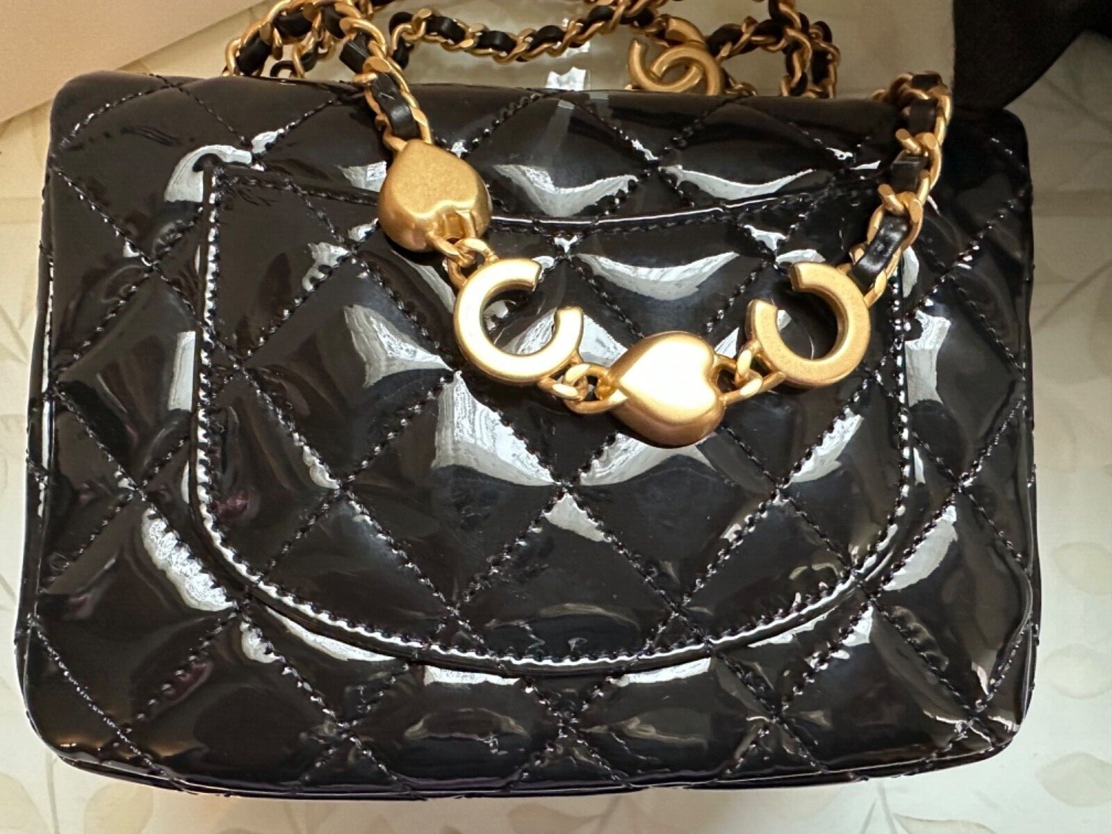 New 22K CHANEL Quilted Patent Leather Mini Flap Bag Gold COCO Chain ...