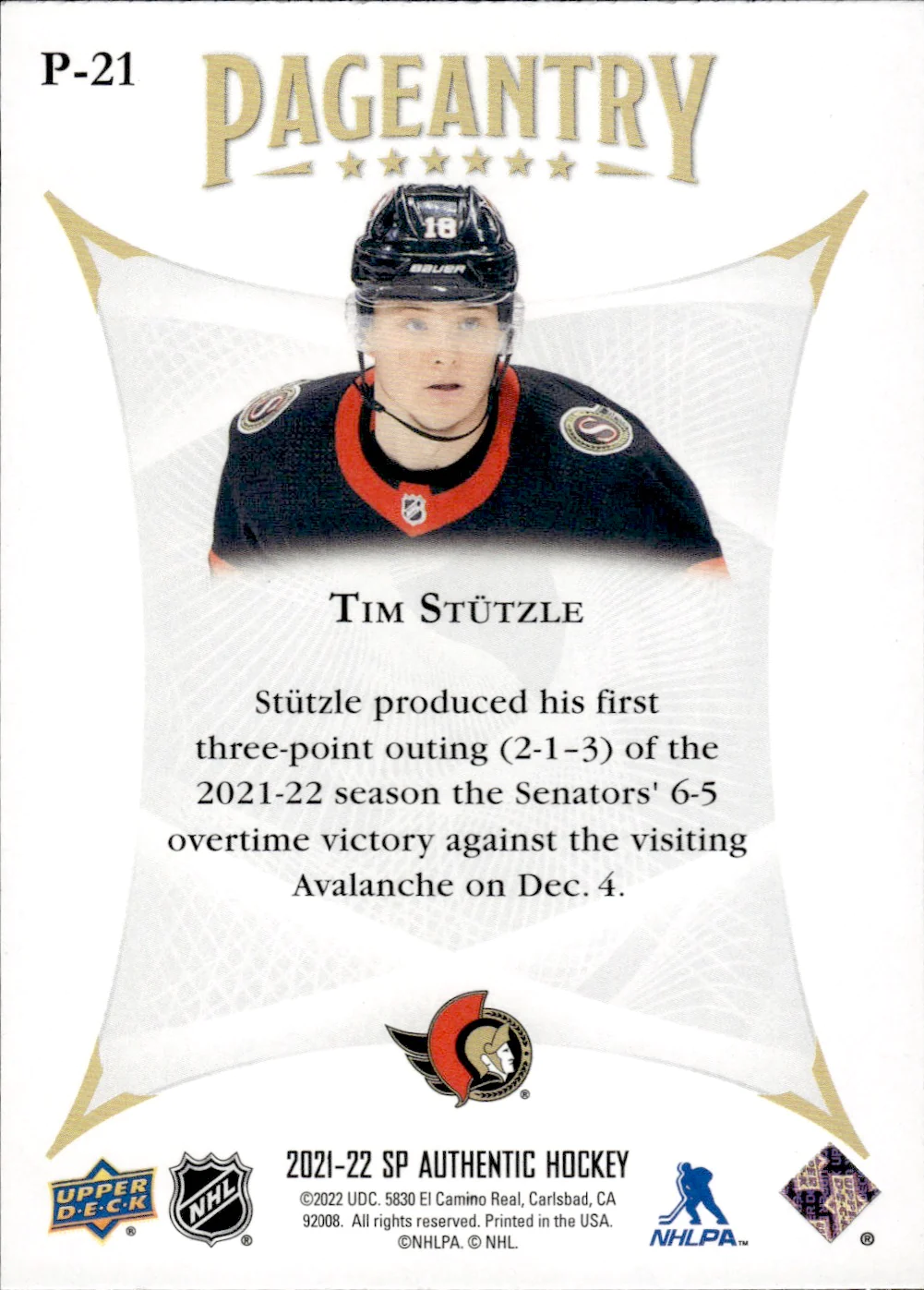 2021-22 Upper Deck SP Authentic Hockey Pageantry #P-21 Tim Stutzle - Ottawa Sena | eBay