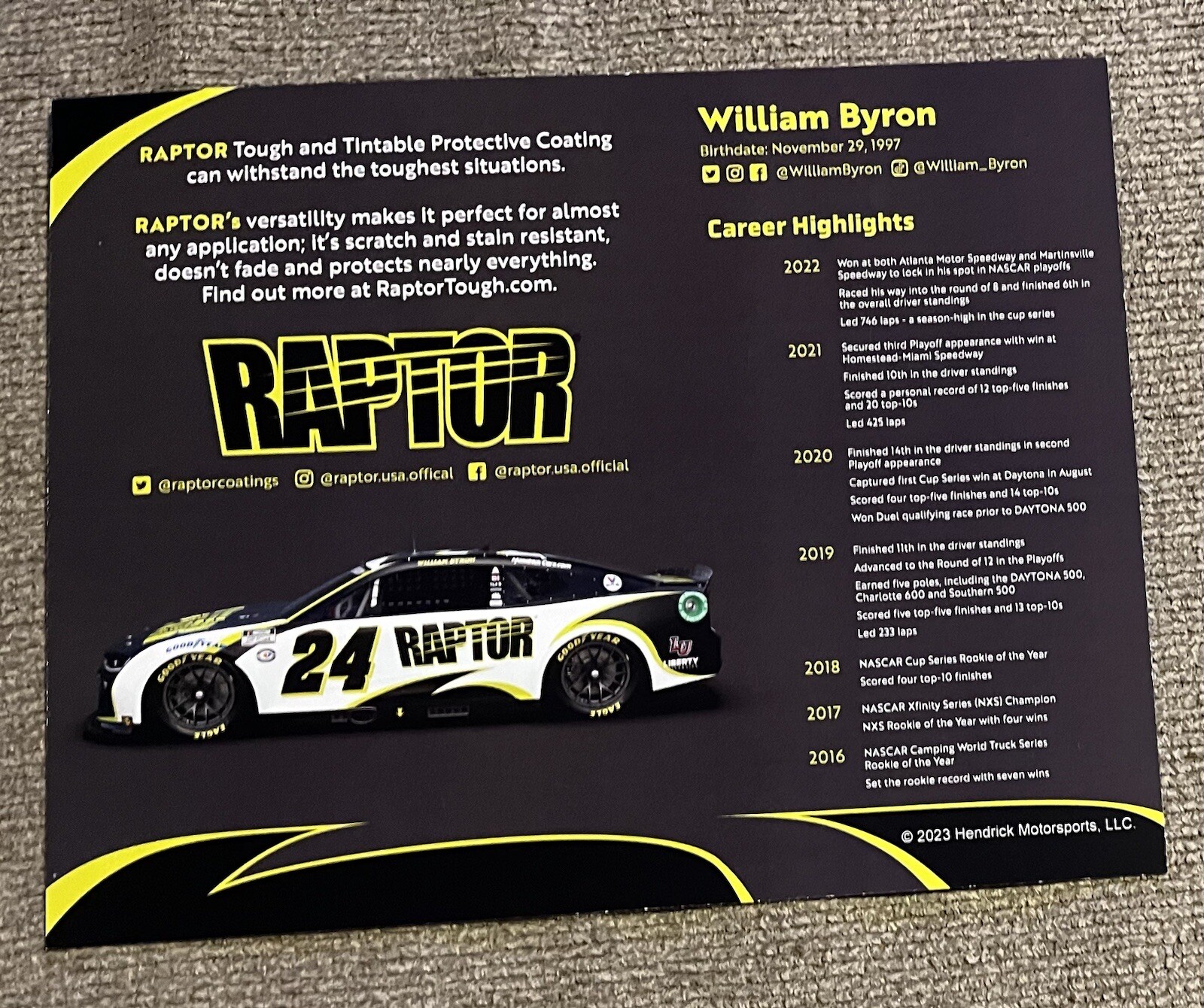 William Byron Signed 2023 Raptor Postcard Hero Card NASCAR Auto COA | eBay