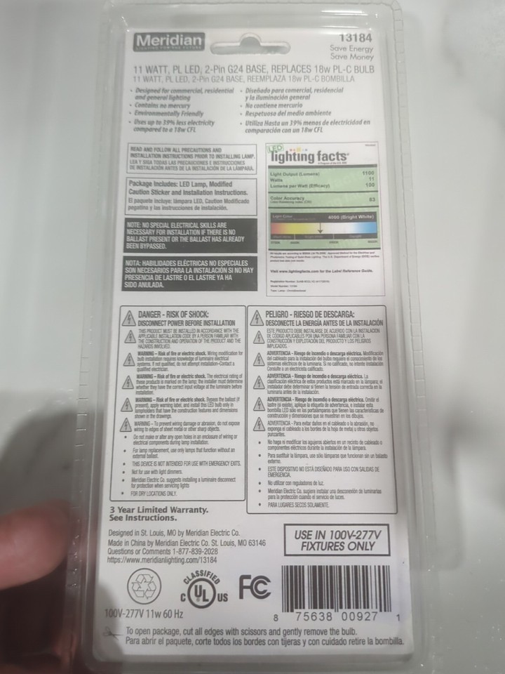 Meridian 13184 18W Equival Bright White 4000K PL LED Rep Light Bulb 11W ...