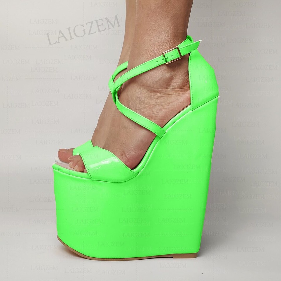 Women Sandals Platform Wedges Shiny Open Toe 20CM High Heels Pumps ...