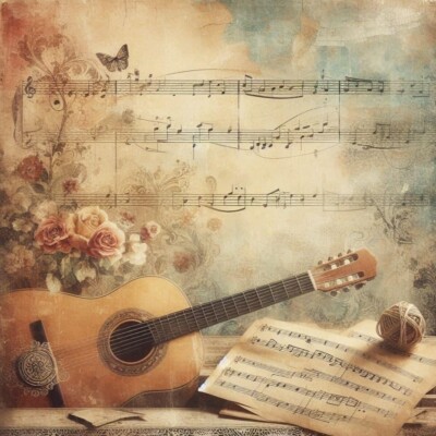 Vintage Guitar Music Ephemera Collage #1 - 8x8 Cotton Print Fabric ...