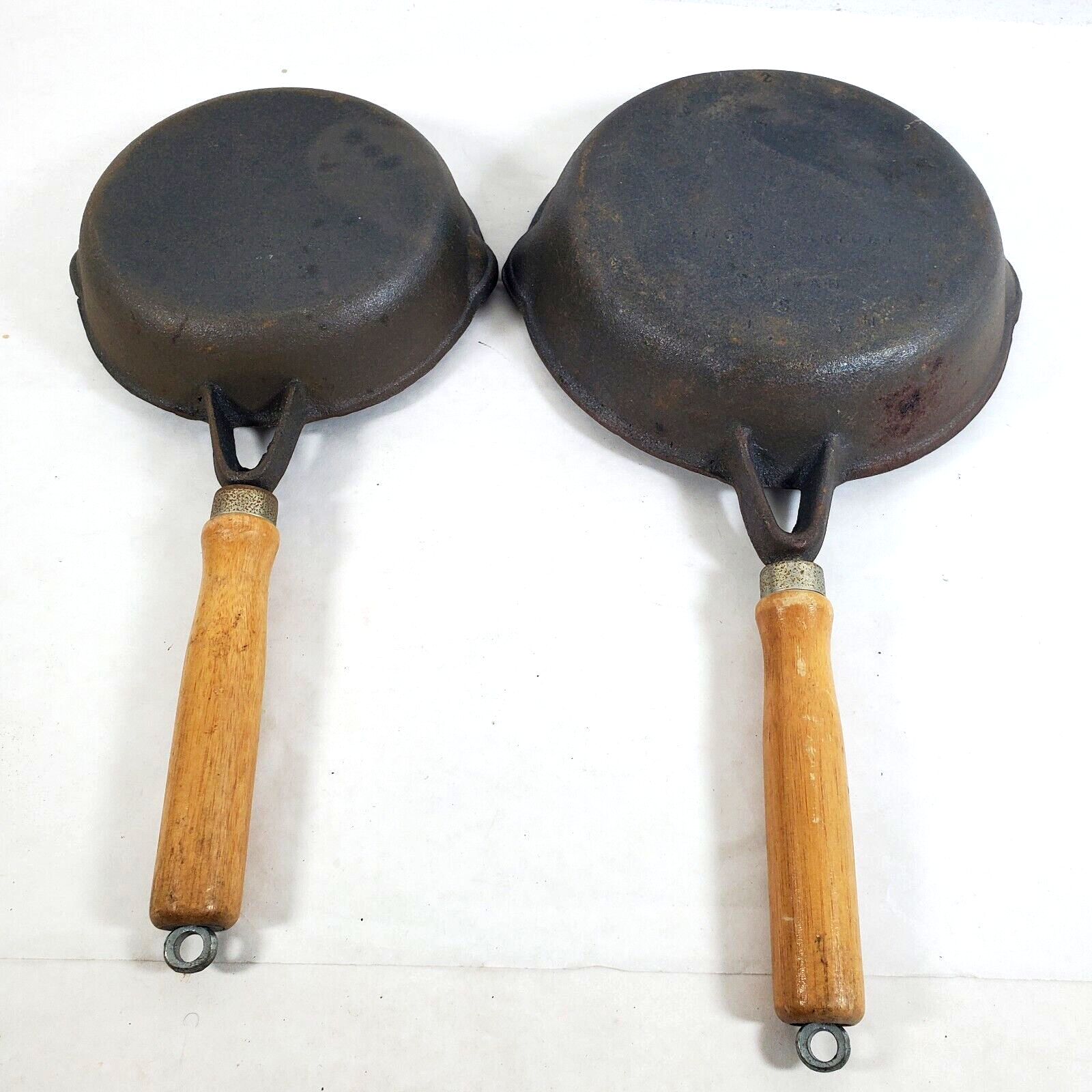 New 2 Cast Iron Skillets Fry Pans Wooden Handle Unseasoned 6 1/2" and 8 ...