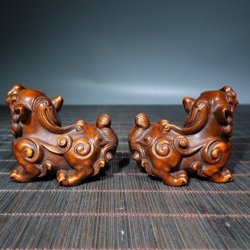 2pcs Old Artifacts Exquisite Boxwood Carving Pixiu Statue Art Ornaments ...